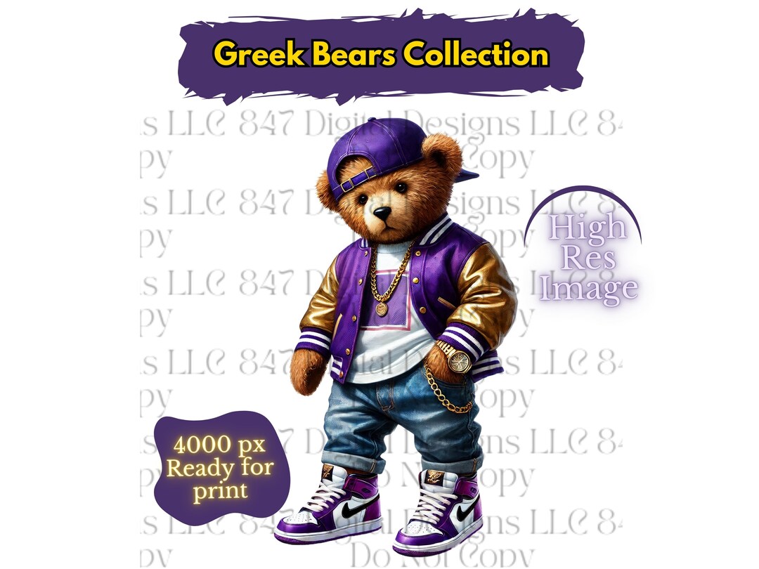 Greek Swag Bear | Hip Hop Teddy Bear PNG | Purple and Gold Bear | Teddy ...