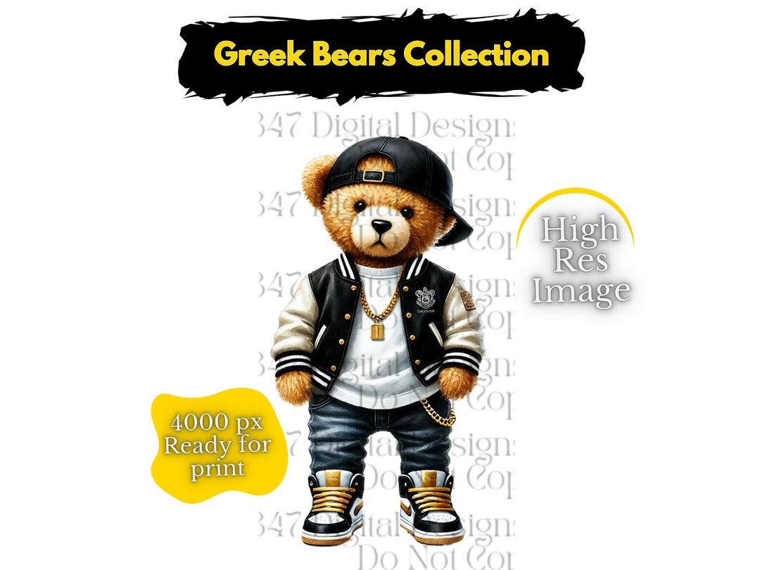 Greek Swag Bear | Hip Hop Teddy Bear PNG | Black and Gold Bear | Teddy ...