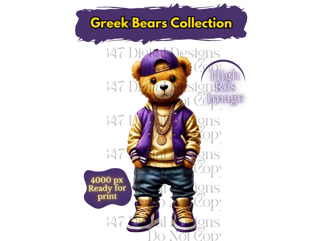Greek Swag Bear | Hiphop Teddy Bear PNG | Purple and Gold Bear | Urban ...