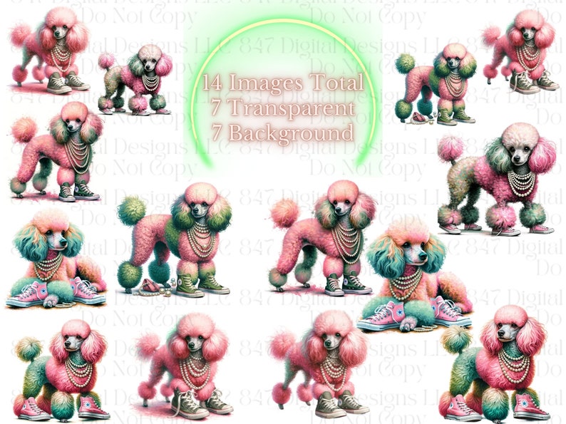 7 PNG Pink & Green Poodles | Animal Clipart Bundle | Poodle PNG ...