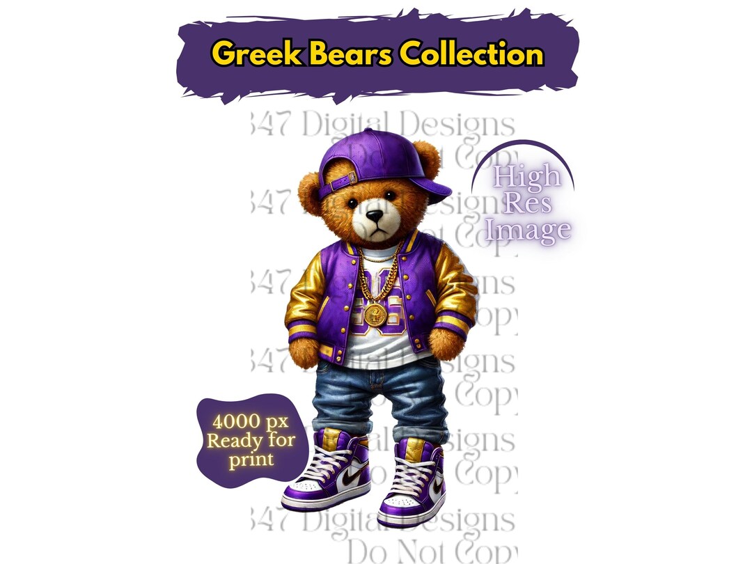 Greek Swag Bear Hiphop Teddy Bear PNG Purple and Gold Bear Urban Bear ...