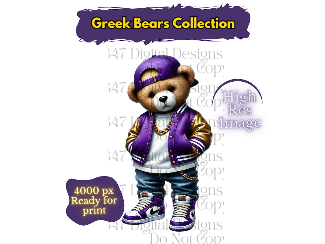 Greek Swag Bear | Hip Hop Teddy Bear PNG | Purple and Gold Bear | Teddy ...
