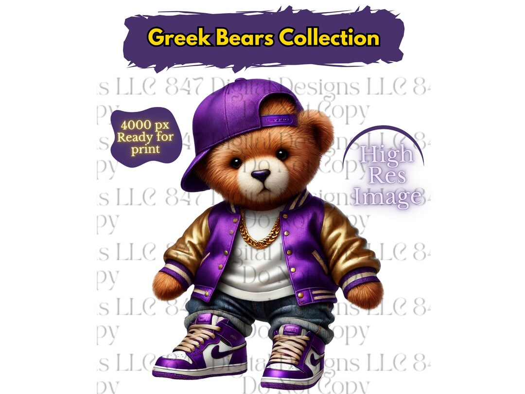 Greek Swag Bear | Hip Hop Teddy Bear PNG | Purple and Gold Bear | Teddy ...