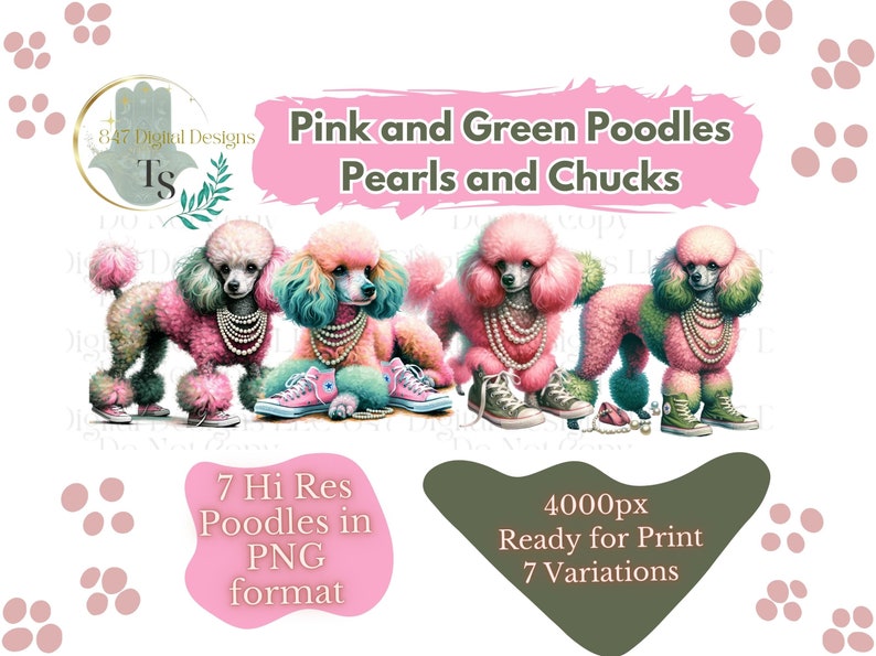 7 PNG Pink & Green Poodles | Animal Clipart Bundle | Poodle PNG ...