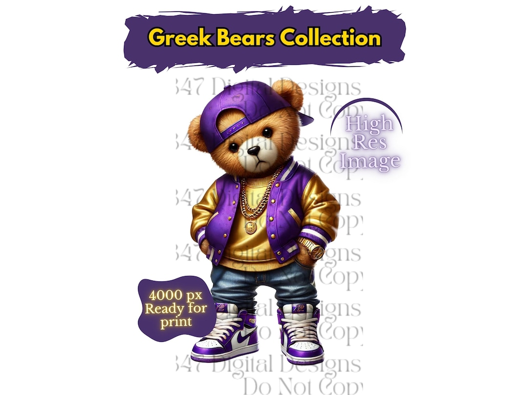 Greek Swag Bear | Hiphop Teddy Bear PNG | Purple and Gold Bear | Urban ...