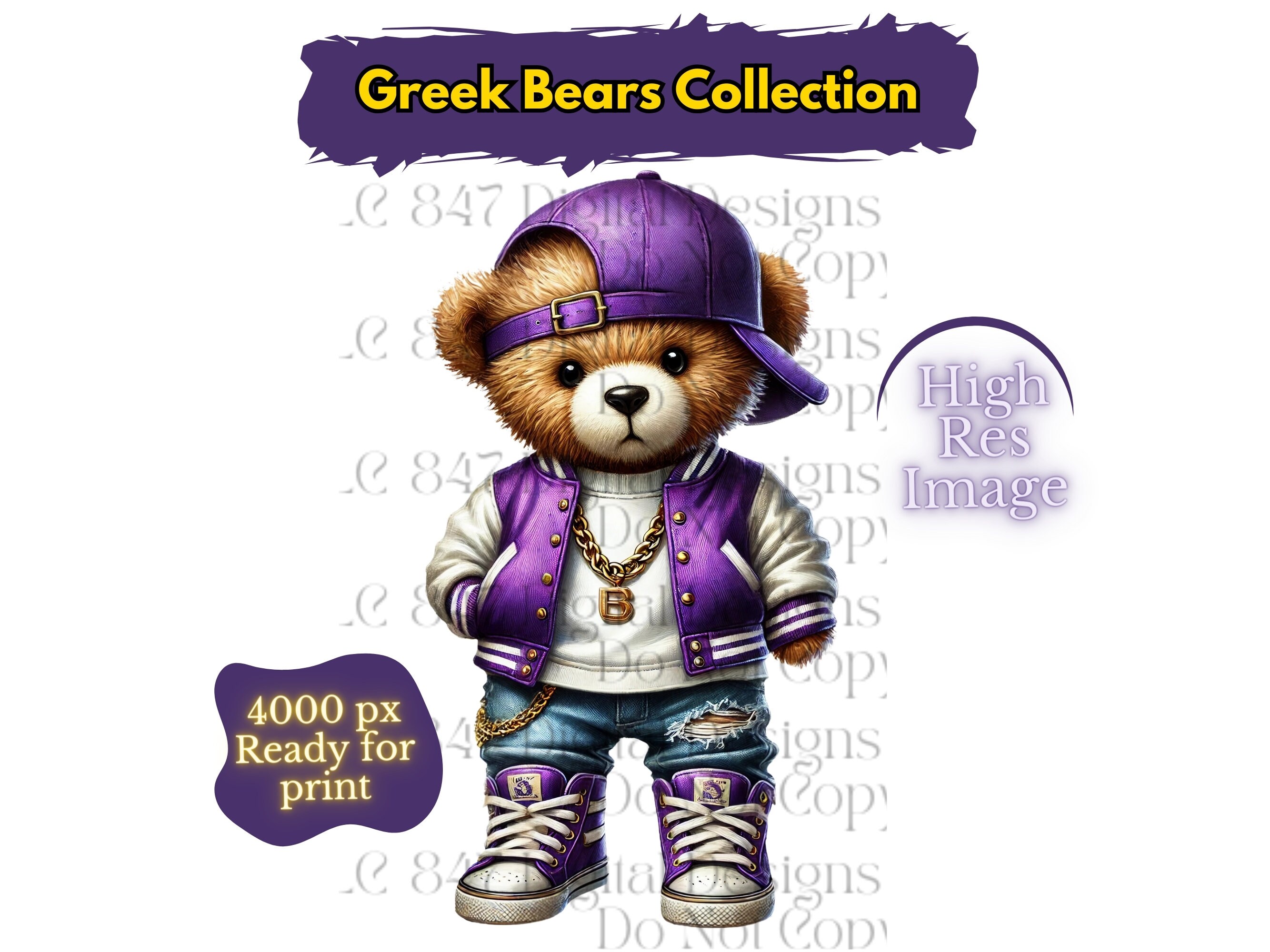 Greek Swag Bear | Hip Hop Teddy Bear PNG | Purple and Gold Bear | Teddy ...