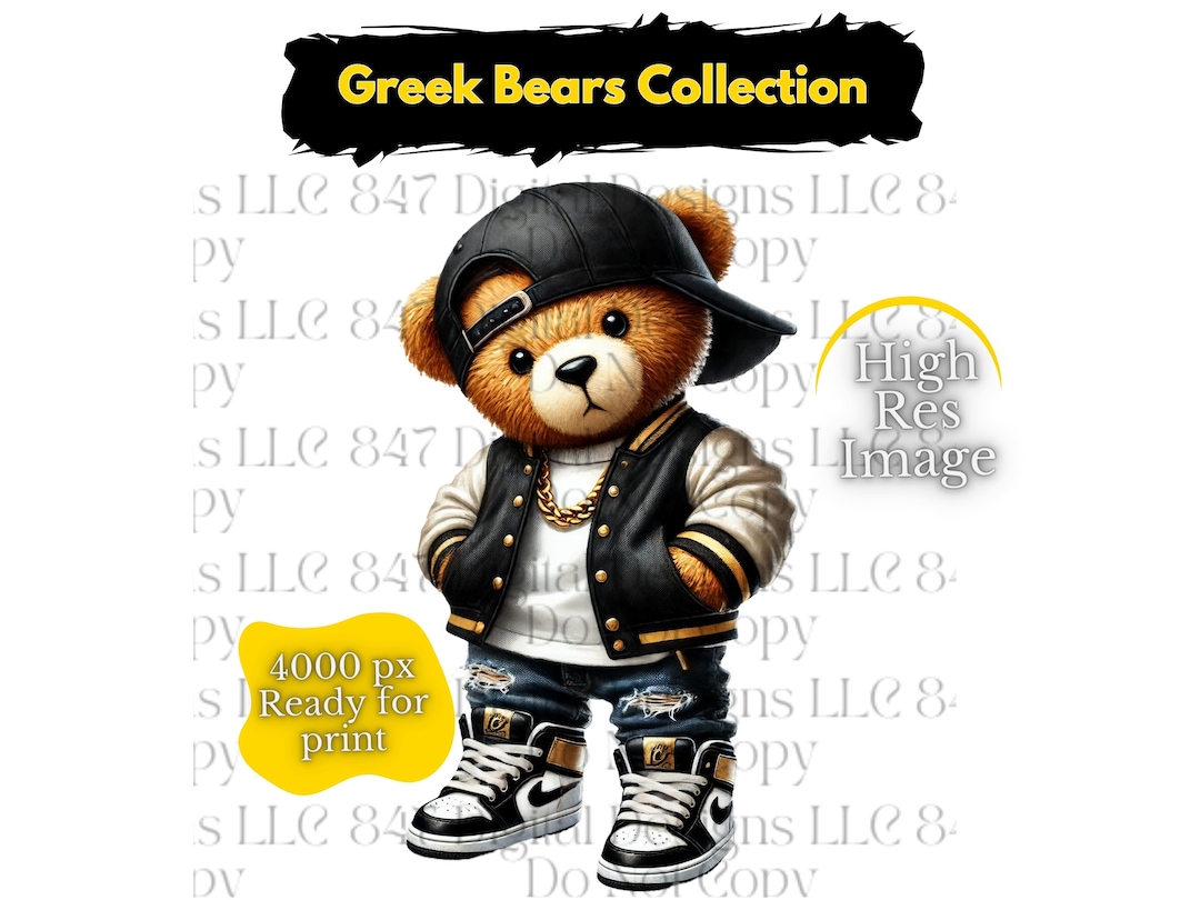 Greek Swag Bear | Hip Hop Teddy Bear PNG | Black and Gold Bear | Teddy ...