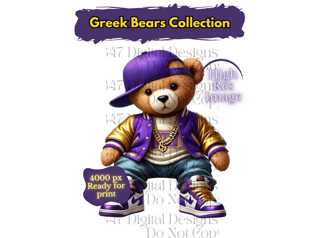 Greek Swag Bear | Hiphop Teddy Bear PNG | Purple and Gold Bear | Urban ...