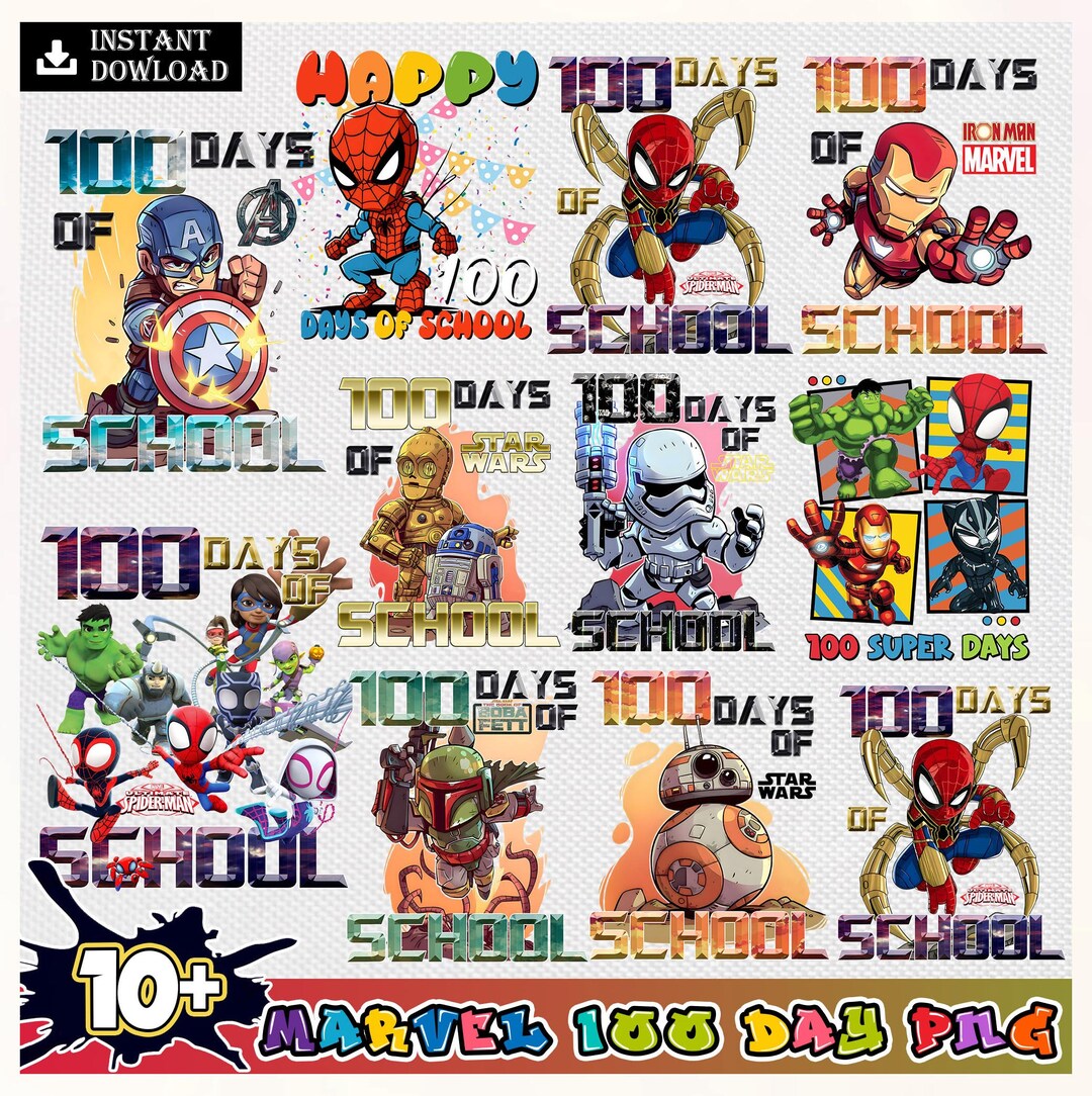 Superhero Cartoon 100 Days of School PNG Bundle, 100 Days of School ...