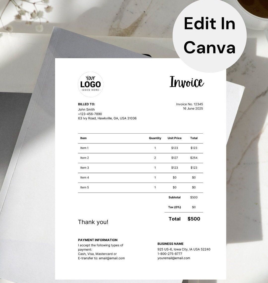 Invoice Template Editable, Small Business Custom Order Form Printable ...