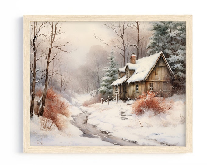 Snow Covered Log Cabin Print in Watercolor, Winter Forest at Night ...