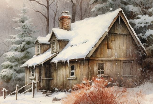Winter Cabin in the Woods Painting, Nature Wall Art, Landscape Poster ...