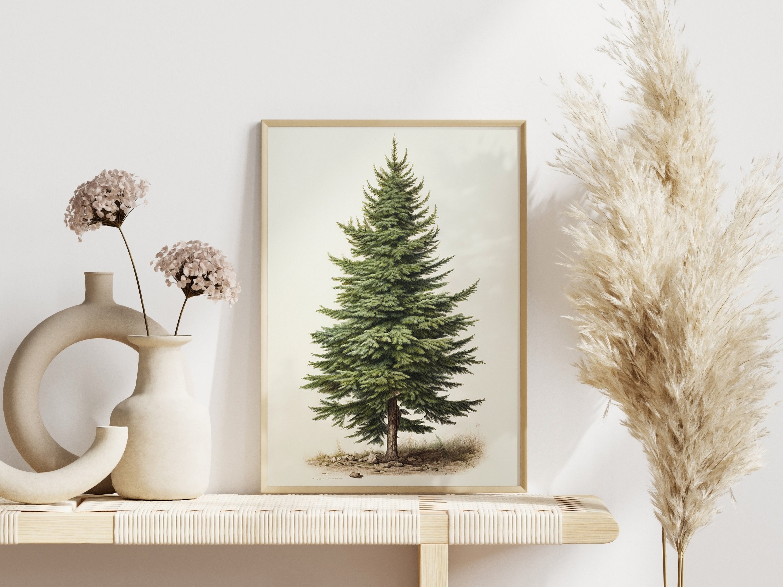 Spruce Tree Painting, Nature Wall Art, Monochrome Tall Spruce Tree Art ...