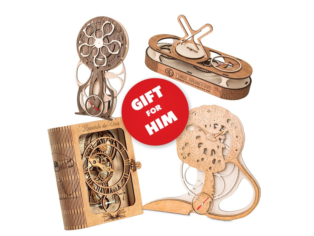Set of 4 Wooden Clock 3D Puzzles, Avatar, Da Vinci, Don Quixote, and ...