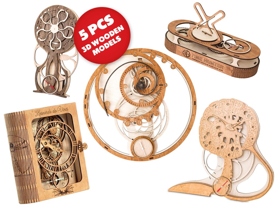Set of 5 DIY Mechanical Clocks, 3D Wooden Puzzle, Gear Art Decor, Wood ...