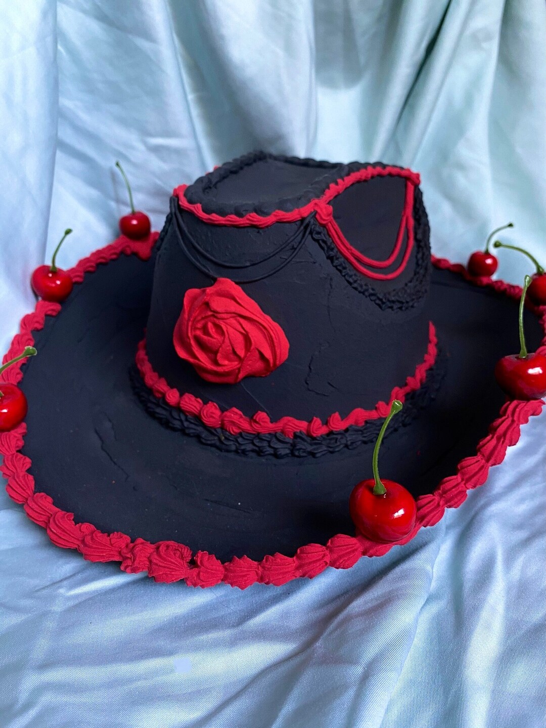 CUSTOM Fake Cake Cowboy Hat Rose Black W Cherry Rave Wear Birthday Fit ...