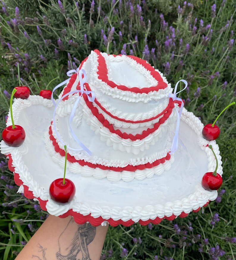 CUSTOM Fake Cake Cowboy Hat White W Cherry Rave Wear Birthday Fit ...