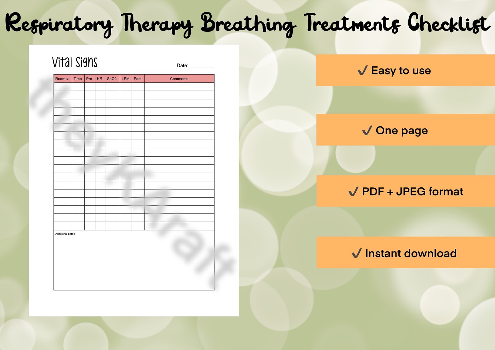 Printable Vital Signs Chart, Respiratory Therapist Chart, Breathing ...