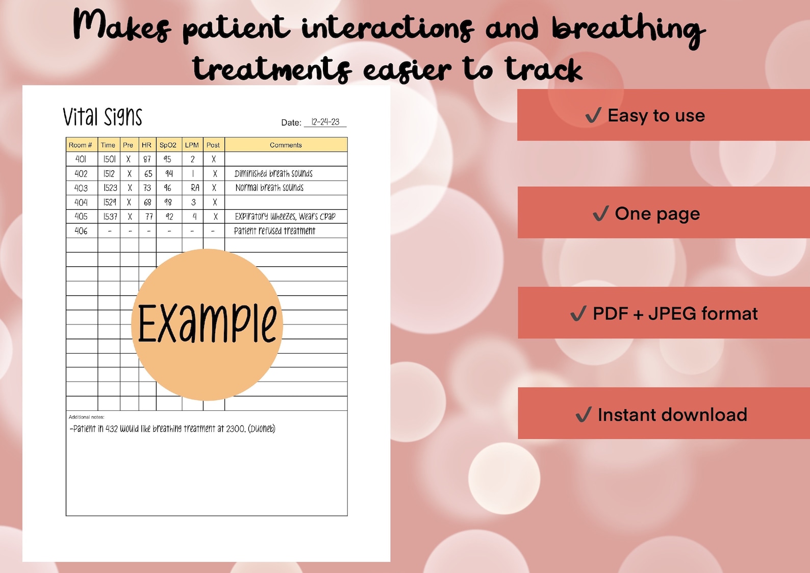Printable Vital Signs Chart, Respiratory Therapist Chart, Breathing ...