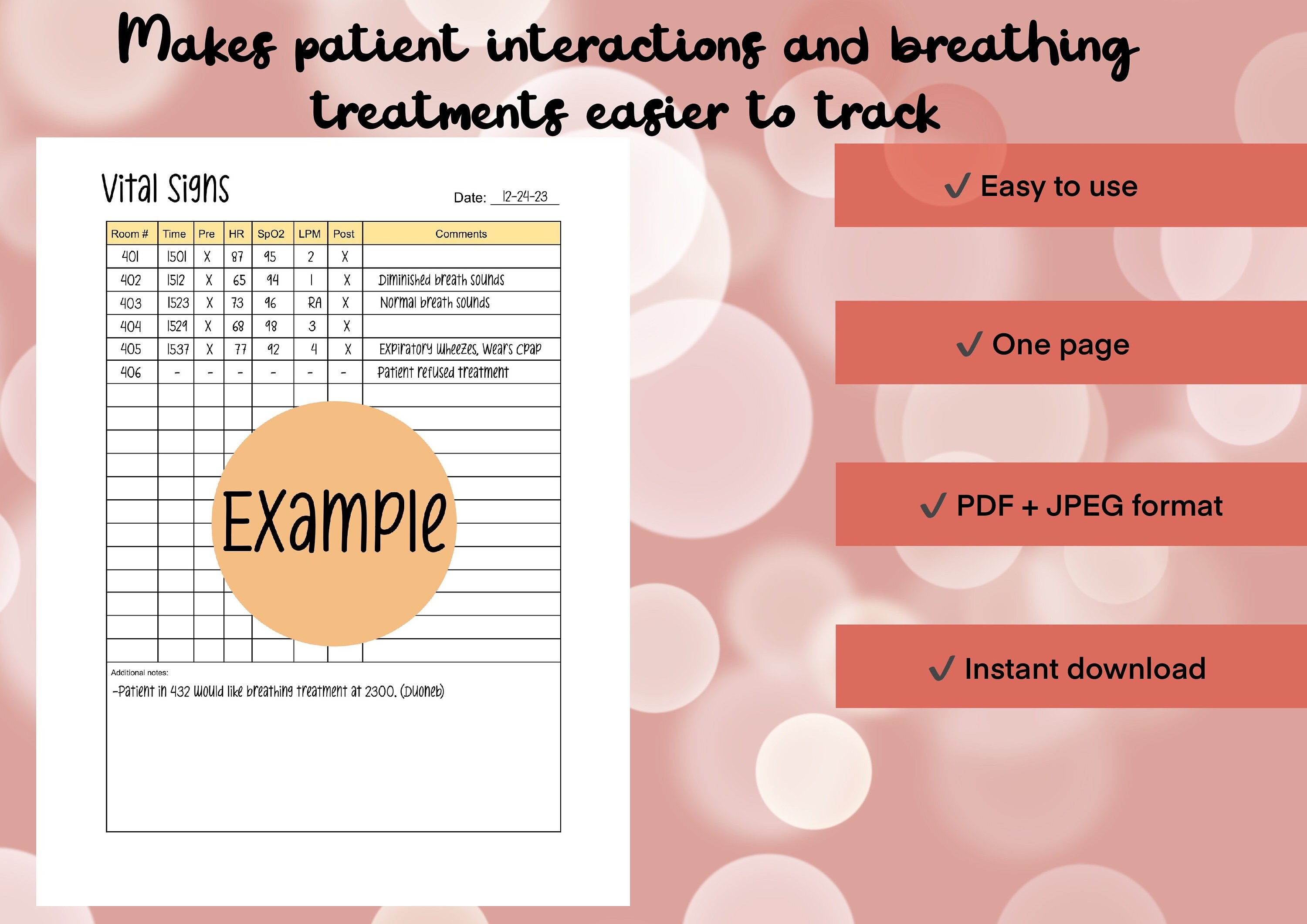Printable Vital Signs Chart, Respiratory Therapist Chart, Breathing Treatments Log, Patient ...
