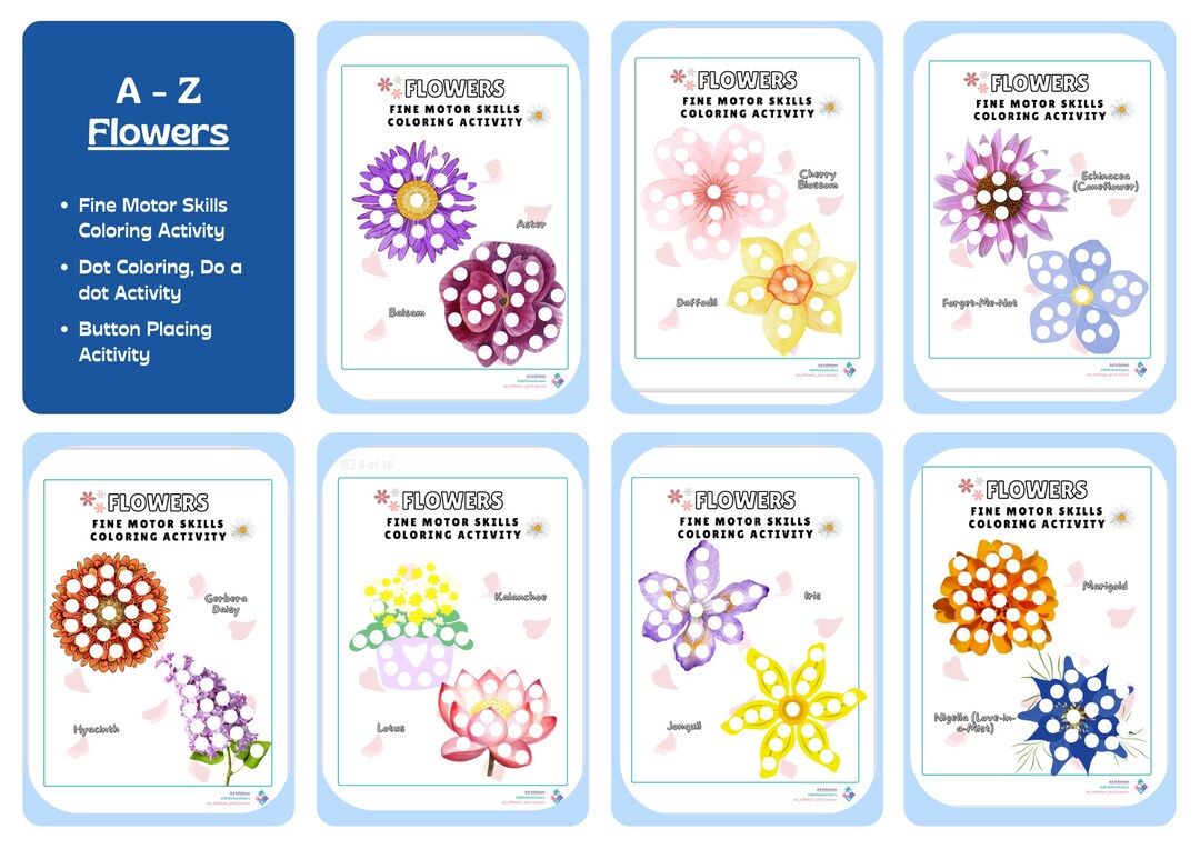 16 Pages A Z Flowers Fine Motor Skills Coloring Activity dot Coloring ...