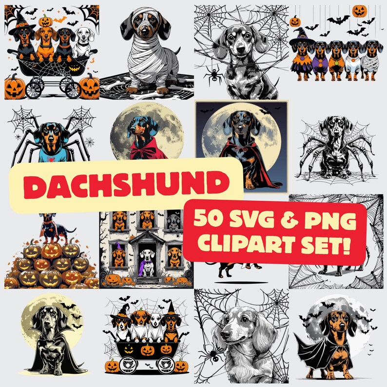 Dachshund Halloween PNG Clipart Set | 50 Cute Spooky Dog Illustrations ...