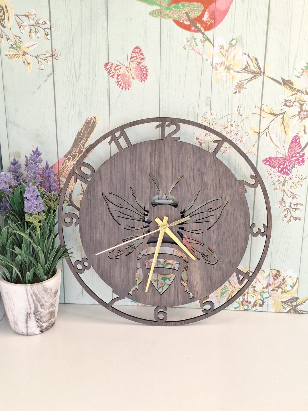 Wooden Bumble Bee Wall Art Clock, Laser Cut Home Décor, Grey Insect ...