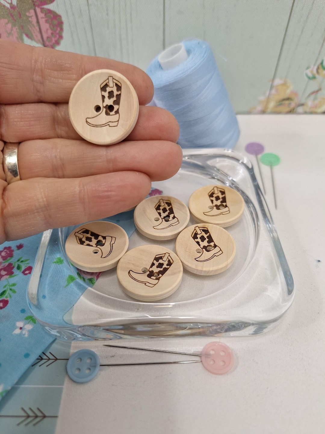 Natural Wood Cowgirl Boot Themed Buttons, Concave Round 2 Hole Laser ...
