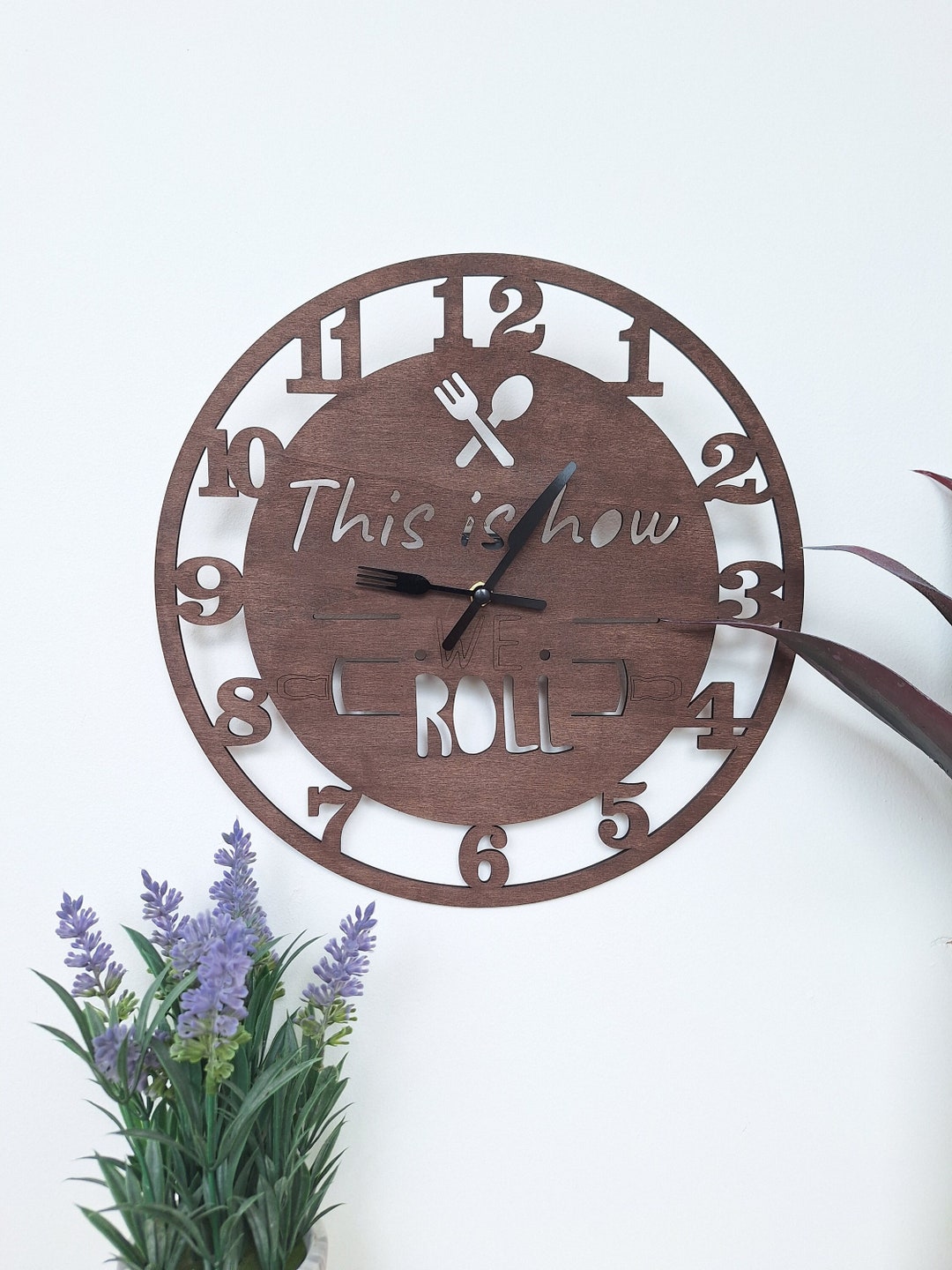 Wooden Wall Art Clock for Chef/cook, Laser Cut Home Décor, Brown Knife ...