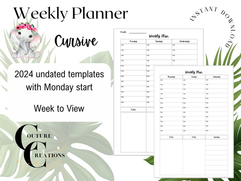 CURSIVE 2024 Undated One Week on 2 Pages Printable and PDF Fillable ...