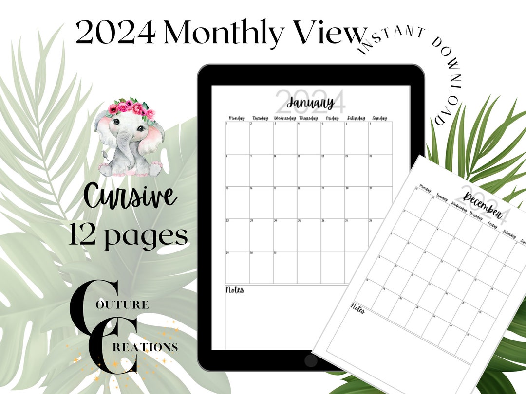 CURSIVE 2024 Dated Month in View With Notes Section Printable and PDF ...