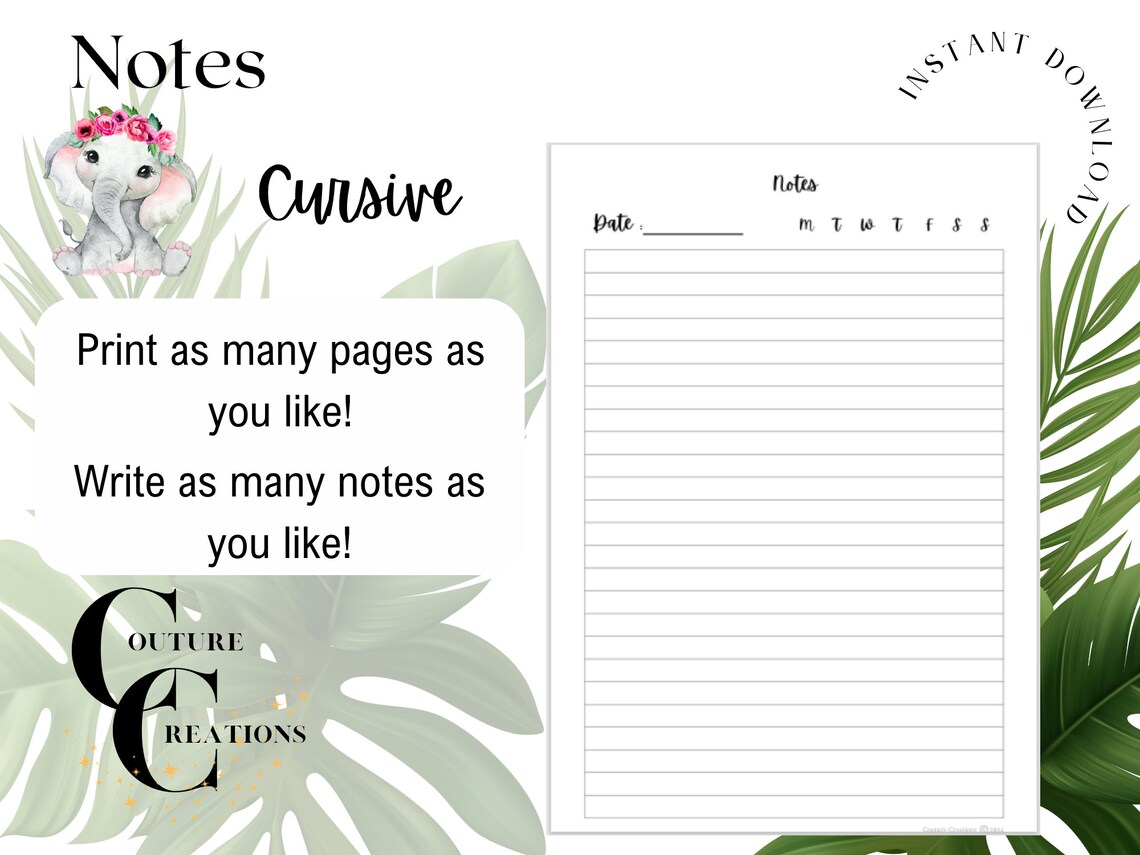 CURSIVE Notes Printable and PDF Fillable Take Note Planning Minimal ...