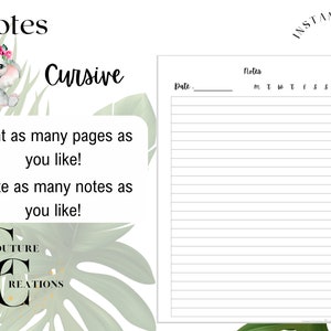 CURSIVE Notes Printable and PDF Fillable Take Note Planning Minimal ...