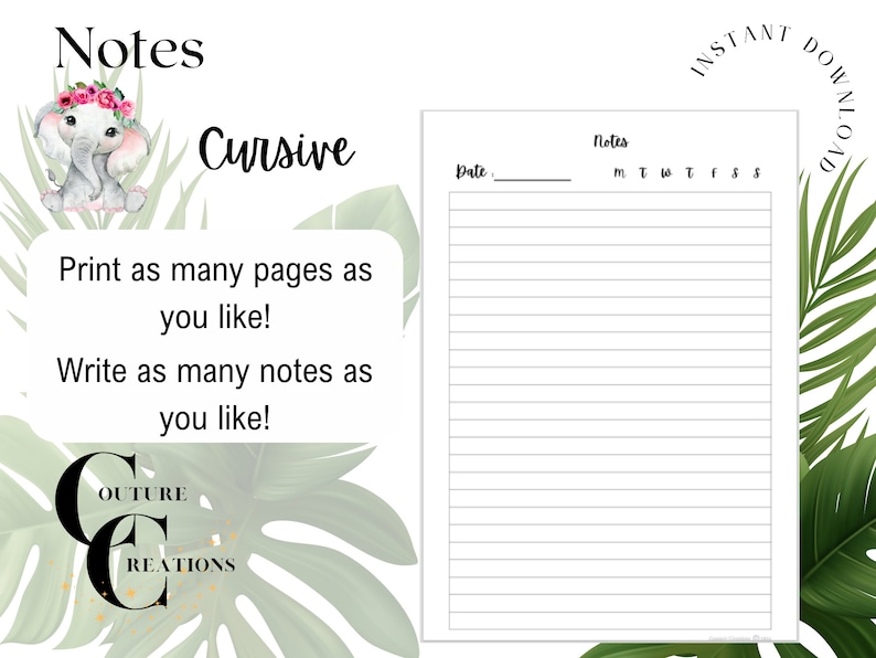 CURSIVE Notes Printable and PDF Fillable Take Note Planning Minimal ...