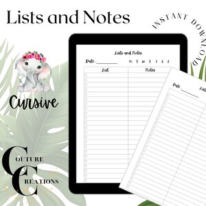 CURSIVE Lists and Notes Printable and PDF Fillable Take Note Planning ...