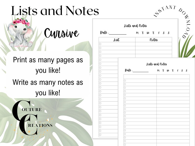 CURSIVE | Lists and Notes | Printable and PDF Fillable | Take Note ...
