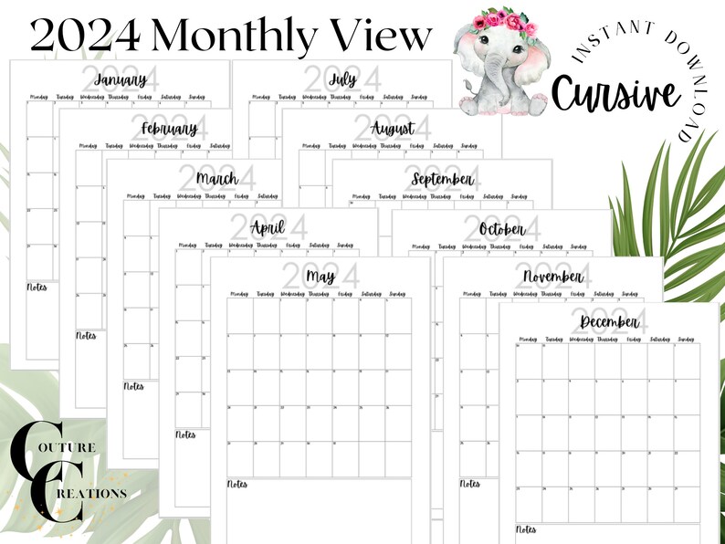 CURSIVE | 2024 Dated Month in View With Notes Section | Printable and ...