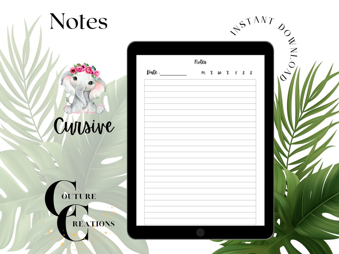 CURSIVE Notes Printable and PDF Fillable Take Note Planning Minimal ...