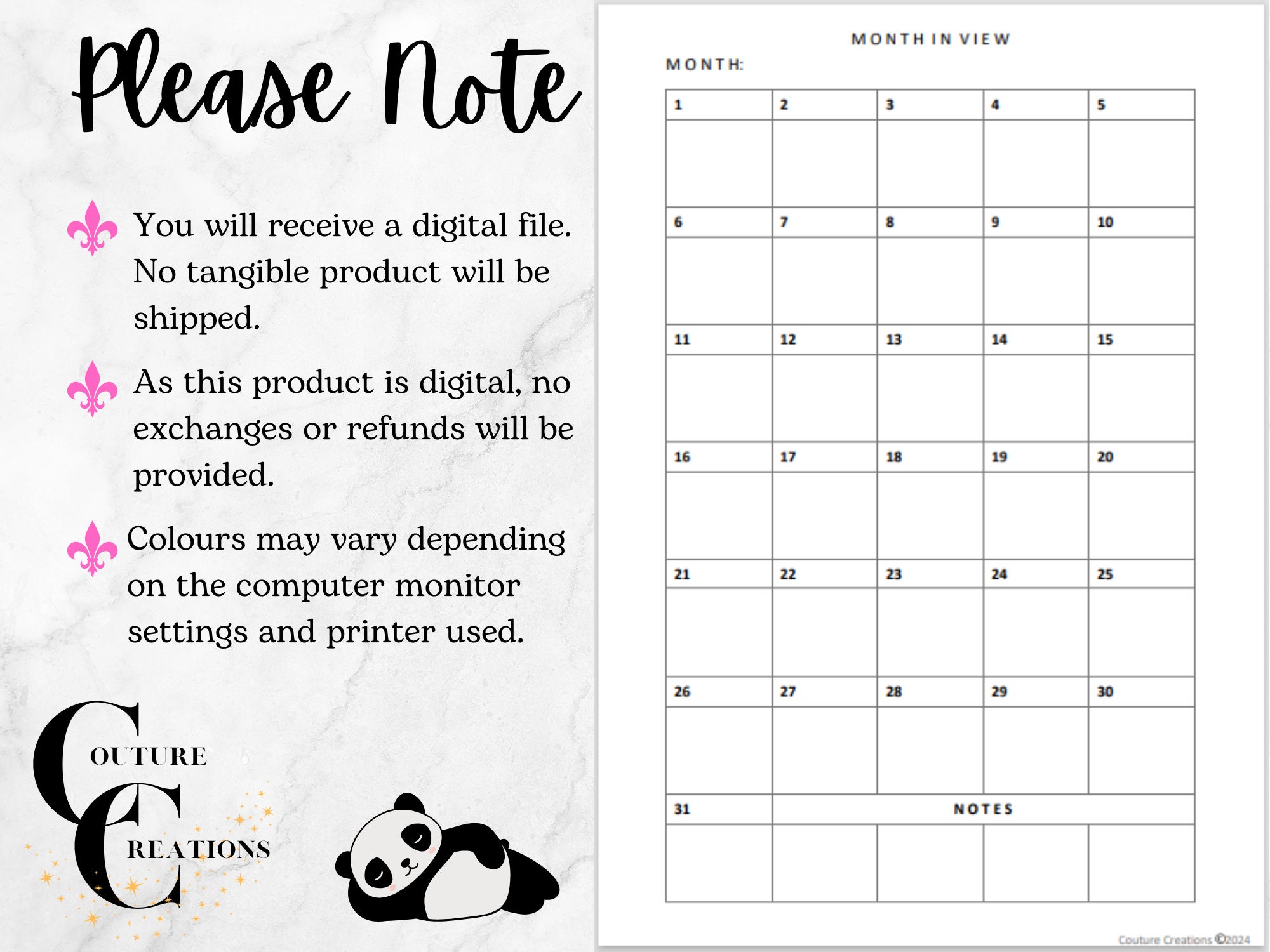 MINIMALIST Month in View Calendar Printable and PDF - Etsy