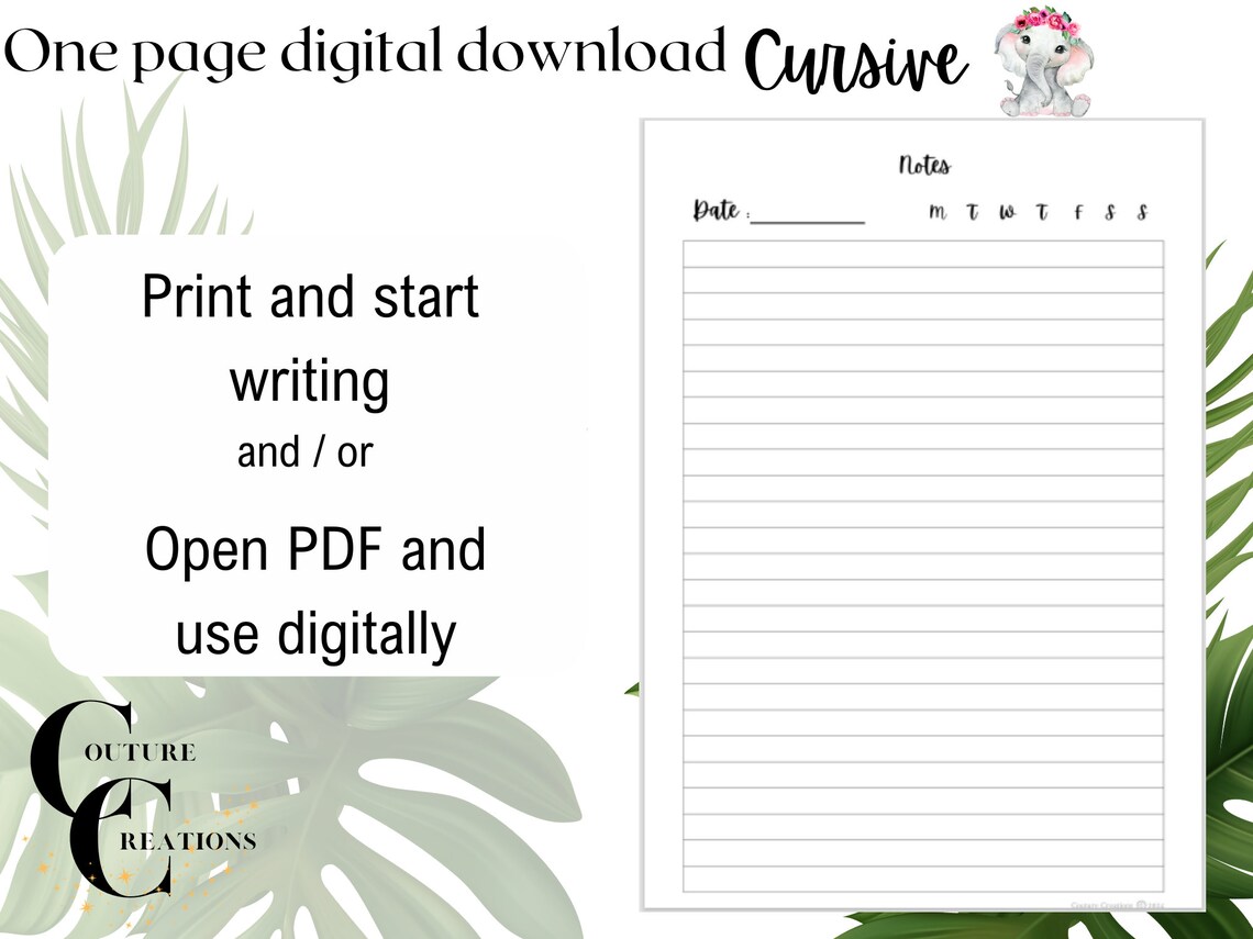 CURSIVE Notes Printable and PDF Fillable Take Note Planning Minimal ...