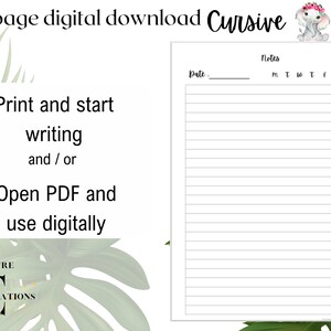 CURSIVE Notes Printable and PDF Fillable Take Note Planning Minimal ...