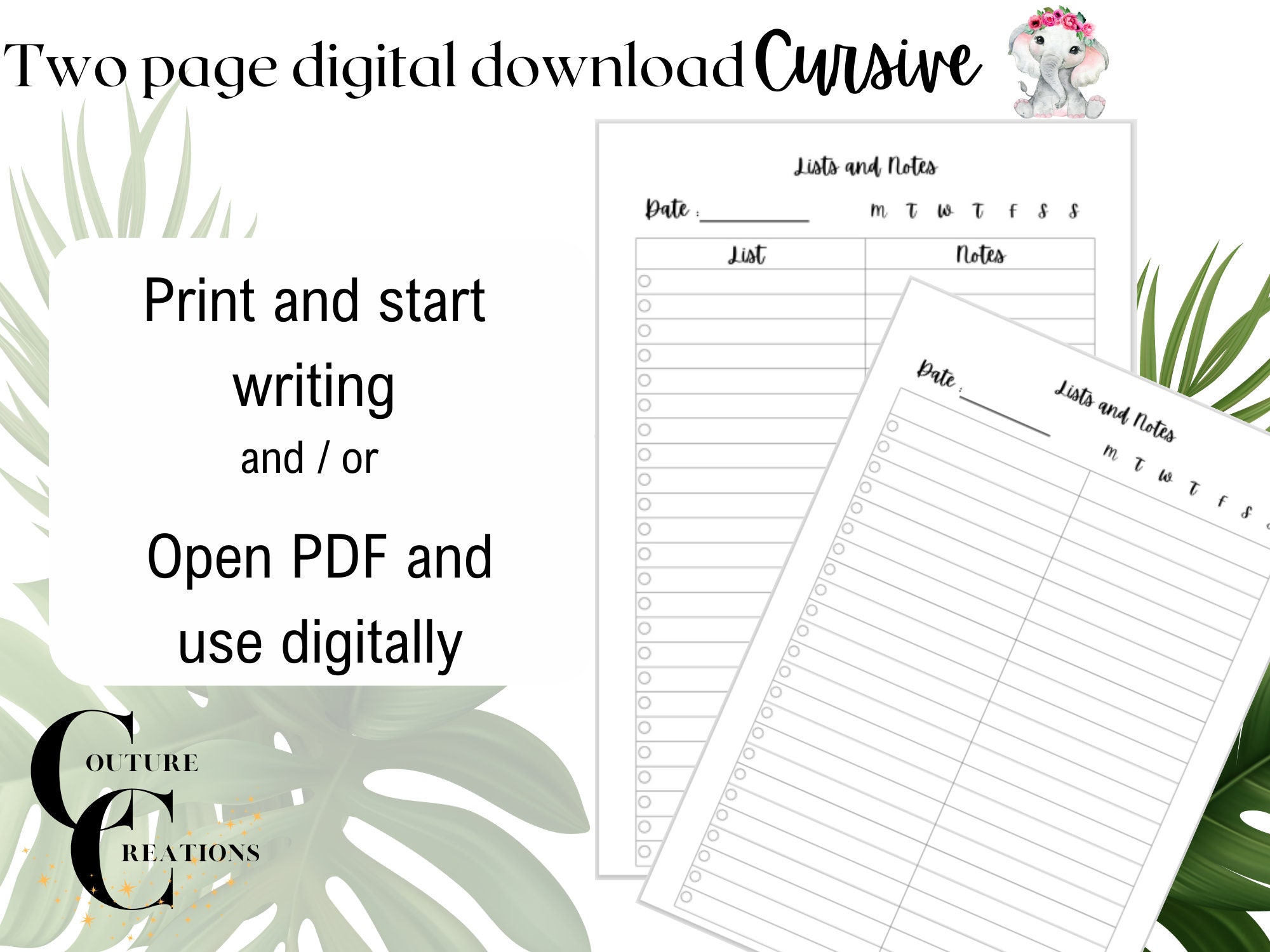 CURSIVE | Lists and Notes | Printable and PDF Fillable | Take Note ...