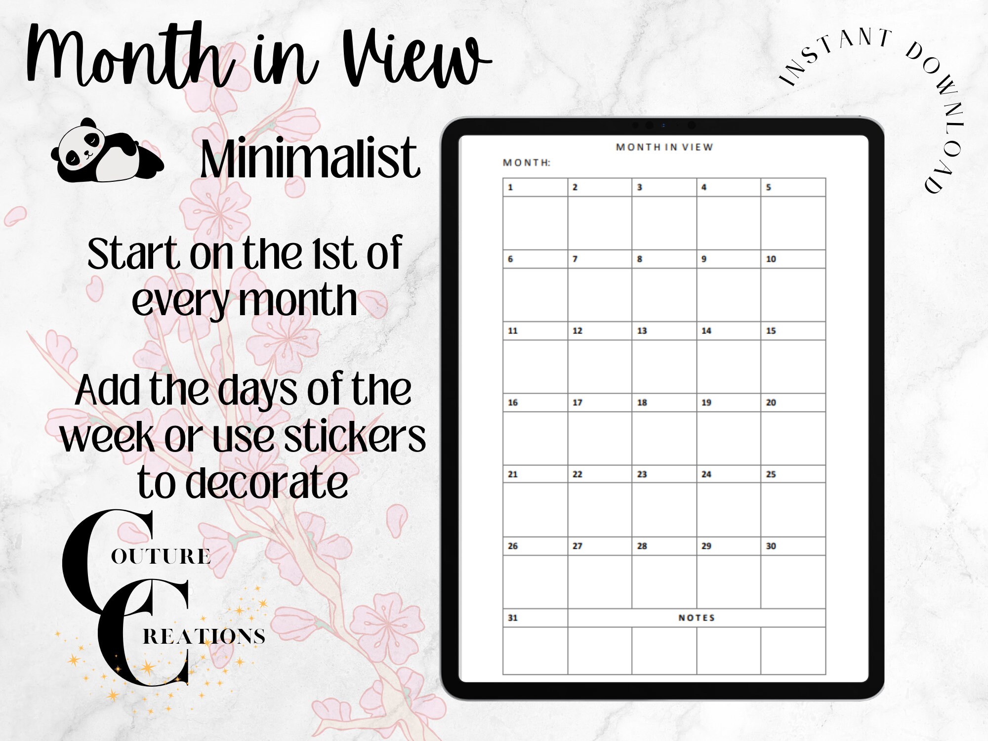 MINIMALIST Month in View Calendar Printable and PDF - Etsy