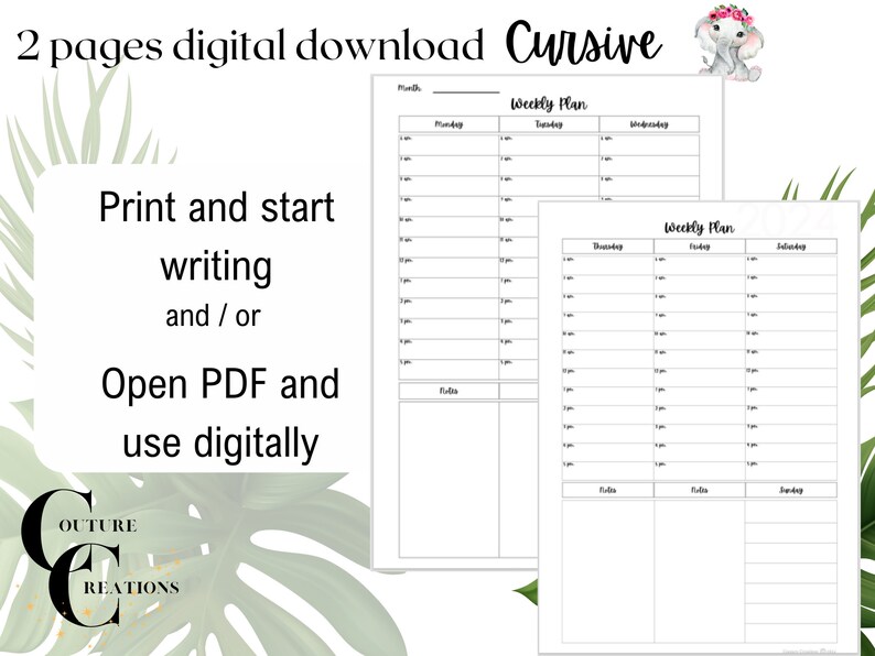 CURSIVE | 2024 Undated | One Week on 2 Pages | Printable and PDF ...