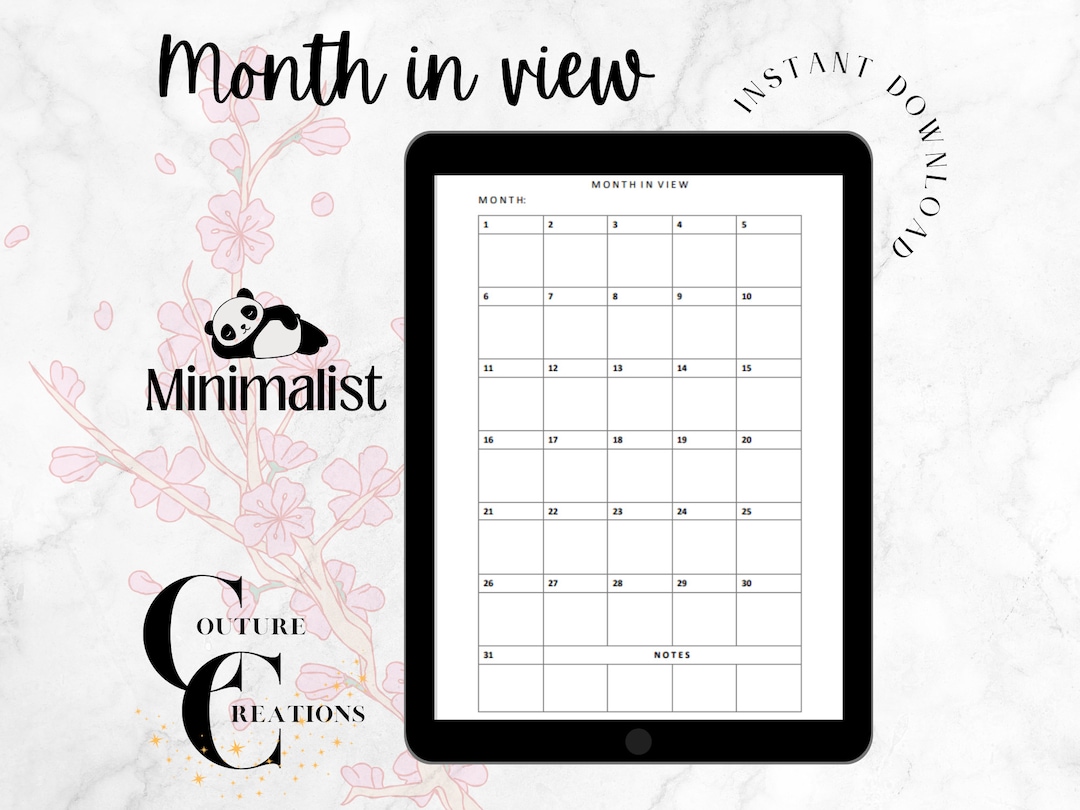 MINIMALIST | Month in View Calendar | Printable and PDF Fillable ...