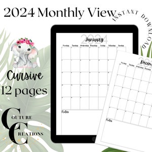 CURSIVE 2024 Dated Month in View With Notes Section Printable and PDF ...