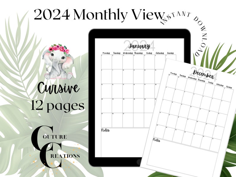 CURSIVE | 2024 Dated Month in View With Notes Section | Printable and ...