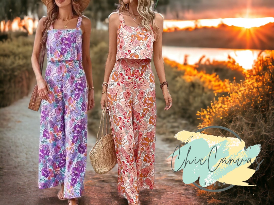 Women's Beach Jumpsuit | Boho Square Collar Style | Floral Print ...