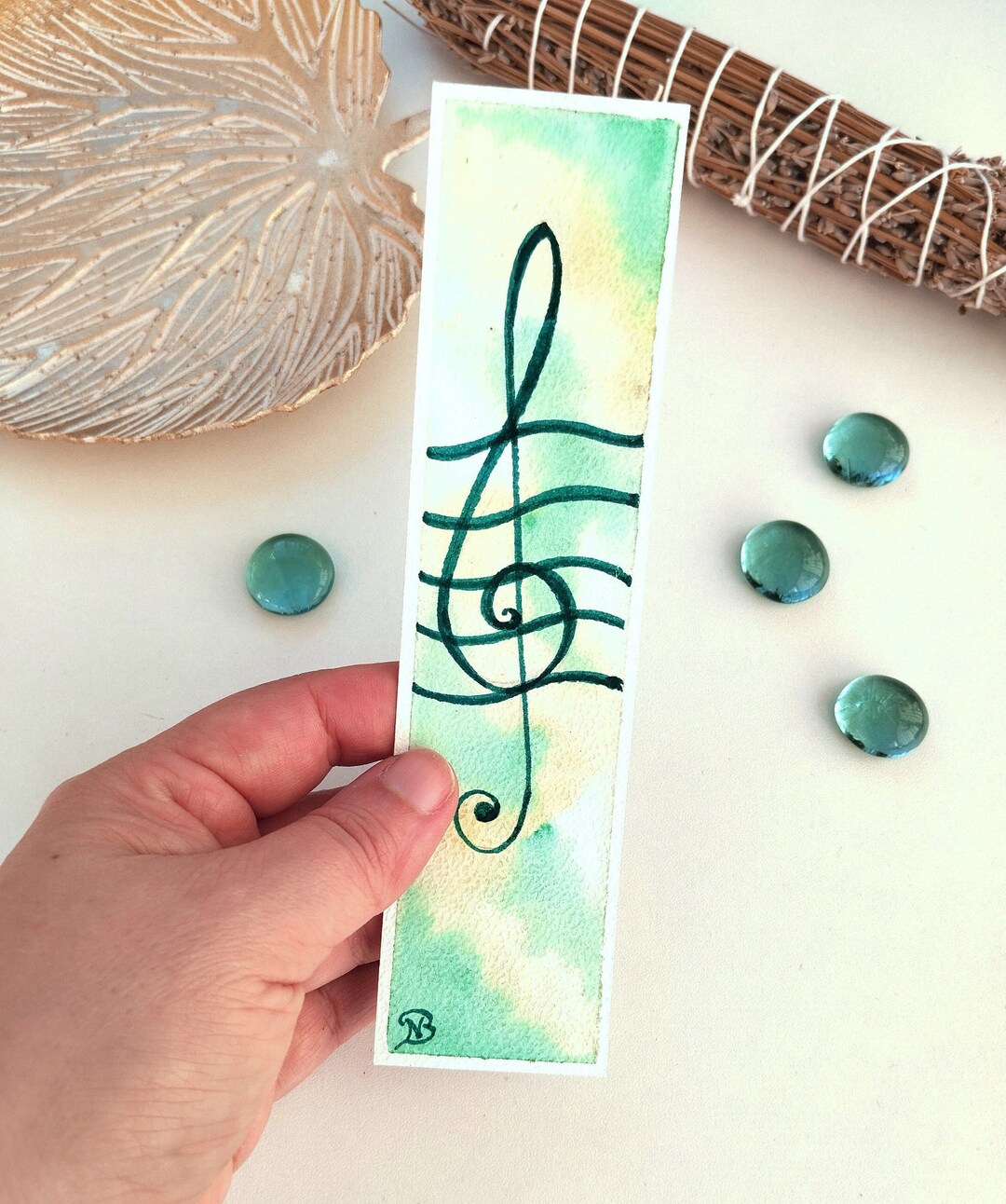 Bookmark, Music Theme, Treble Clef, Hand Painted, Green, Unique ...