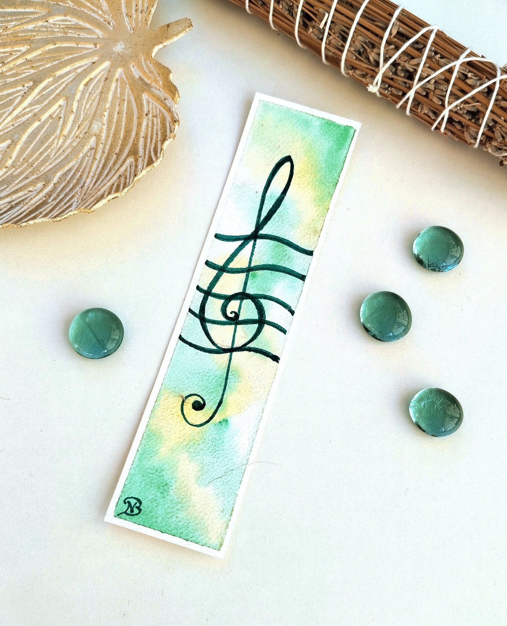 Bookmark, Music Theme, Treble Clef, Hand Painted, Green, Unique ...